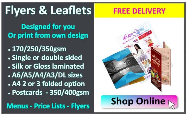 Business Cards, Flyers, Leaflets Printed. Free UK Delivery